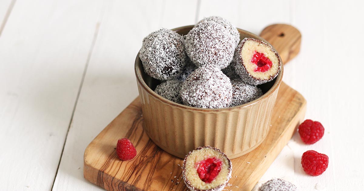 Vegan Raspberry Lamington Energy Balls | Bake to the roots | Bake to ...