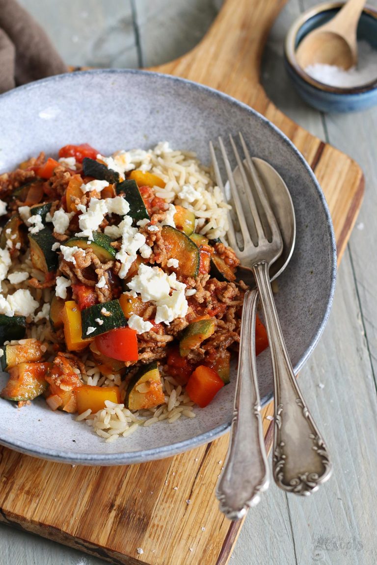 Easy Zucchini Beef Skillet with Rice & Feta | Bake to the roots