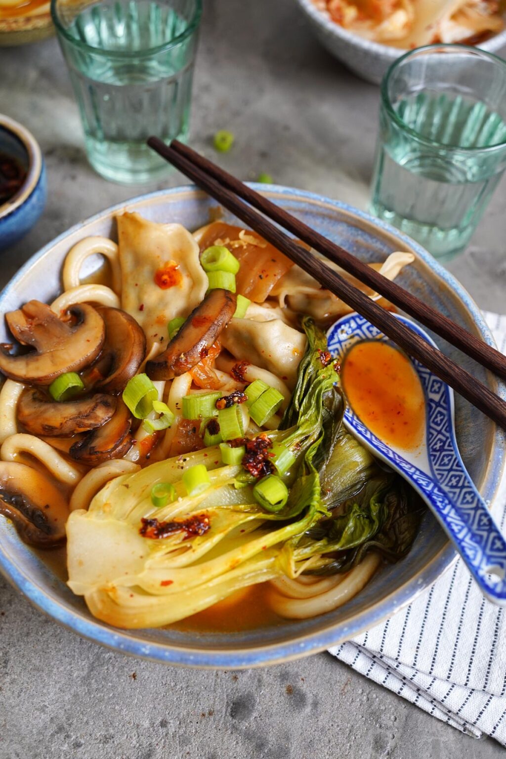 Udon Noodle Soup with Kimchi & Dumplings | Bake to the roots